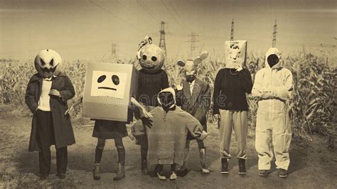 Group Of Eerie People Standing In Field Each In Creepy Retro Masks