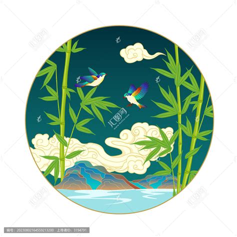 飞鸟山水国潮圆形插画 美术绘画 其他设计 设计模板 汇图网www huitu