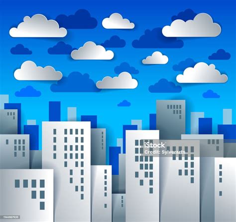 도시 풍경 만화 벡터 일러스트 레이 션 종이 컷 아이 응용 프로그램 스타일 높은 도시 건물 하늘에 있는 부동산 집과 구름 3차원 형태에 대한 스톡 벡터 아트 및 기타 이미지