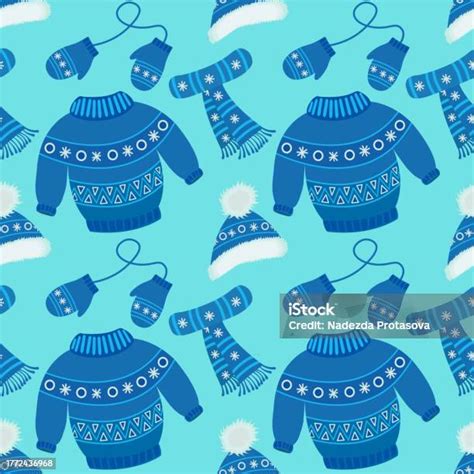 겨울 옷이 있는 벡터 패턴입니다 걷기 위한 아이들의 따뜻한 겨울 옷 니트 모자 스카프 스웨터 자카드 패턴과 폼폼이 있는 장갑 밝은 색의 벡터 집합입니다 0명에 대한 스톡