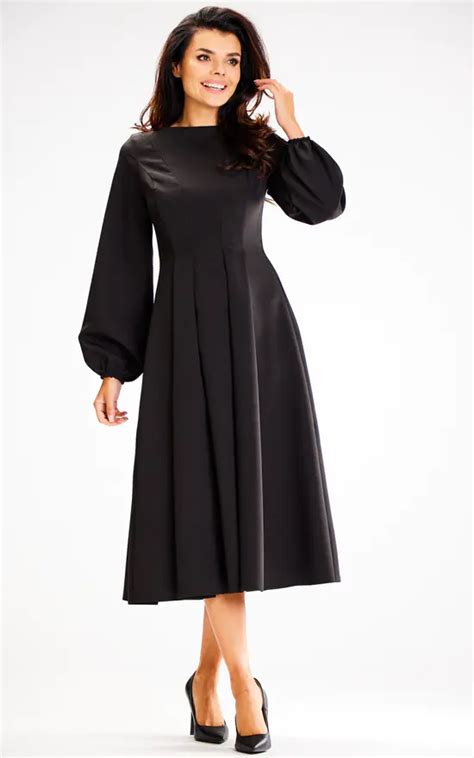 Elegant Black Midi Dress With Long Sleeves Awama Silkfred Us