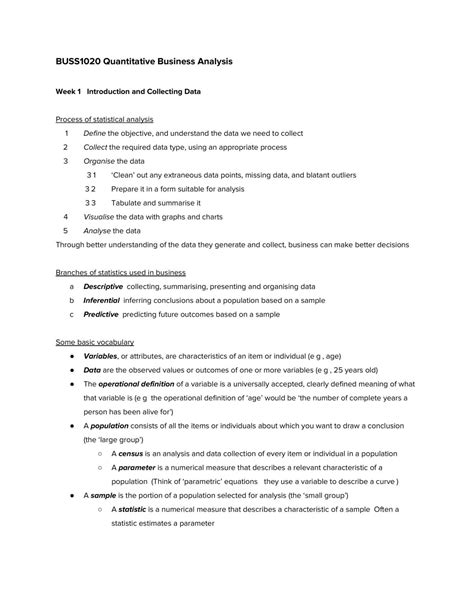 Quantitative Business Analysis Revision Notes Buss1020 Quantitative Business Analysis Usyd