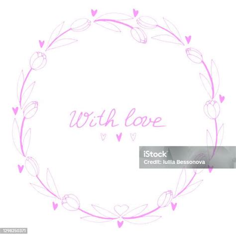 사랑으로 레터링 벡터 라운드 프레임 윤곽 튤립과 하트에서 화환 손으로 그린 낙서 고립 배경 테두리 인사말 카드 초대장 결혼식 생일 발렌타인 데이 제목 0명에 대한 스톡 벡터