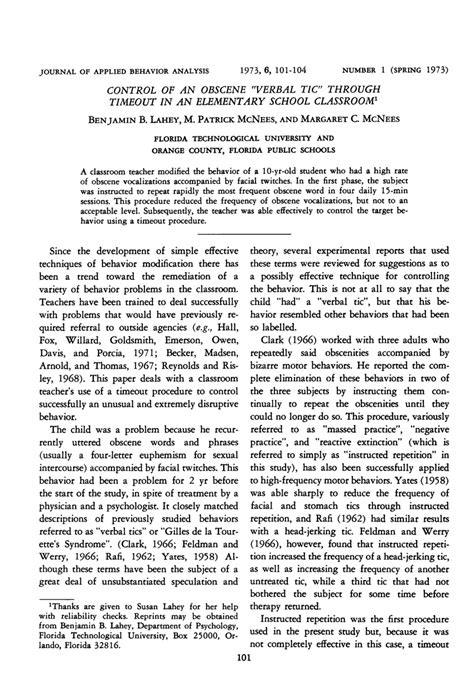 Pdf Control Of An Obscene Verbal Tic Through Timeout In An