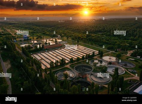 Modern Sewage Treatment Plant Aerial View From Drone At The Evening