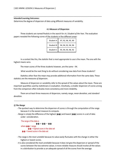 Measures Of Dispersion Pdf Variance Standard Deviation