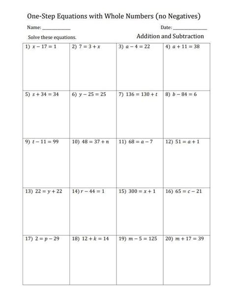 Worksheets Of One Step Equations With Whole Numbers No Negatives All