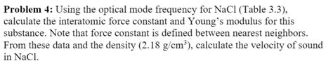 Solved Problem Using The Optical Mode Frequency For NaCl Chegg