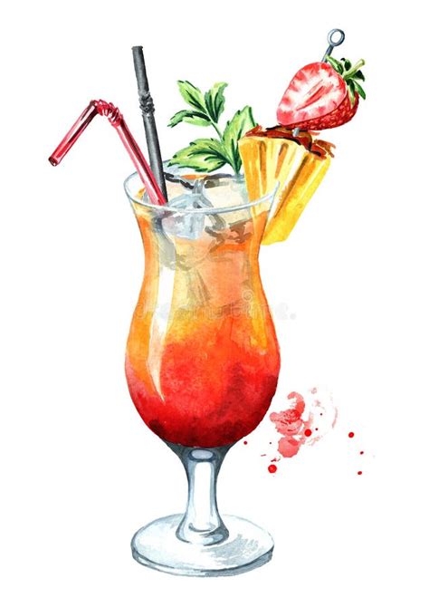 Sex On The Beach Cocktail Watercolor Hand Drawn Illustration Isolated On White Background
