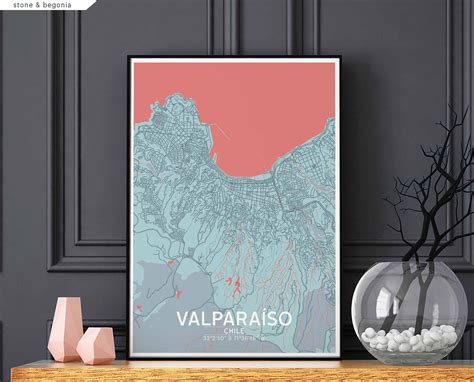 Valparaiso Chile Map Poster Black White Wall Decor Design Etsy