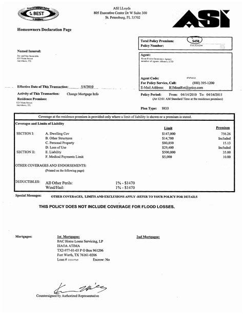 Auto Insurance Declaration Page Template