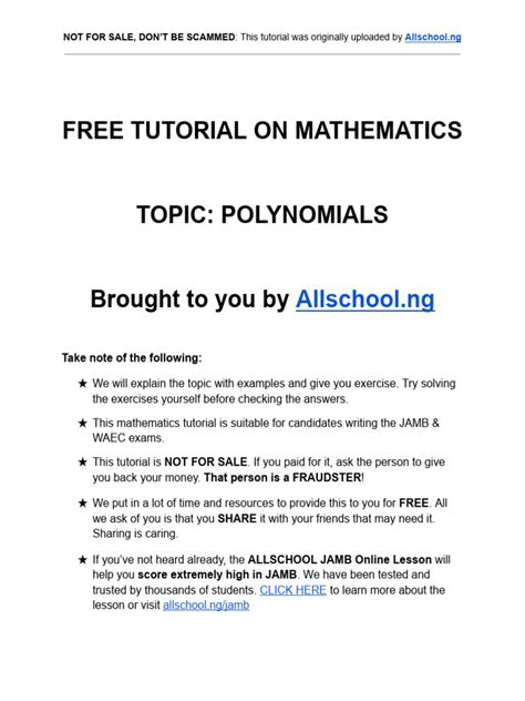Maths Tutorial On Polynomials Pdf Factorization Polynomial