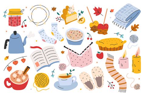 Hygge 가을 세트 계절 실내 활동의 손으로 그린 클립 아트의 컬렉션 벡터 일러스트레이션 아늑한 집과 편안함 음식 기구 옷