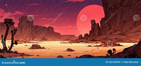 Alien Desert Landscape With Red Sky Rocky Formations And Craters For