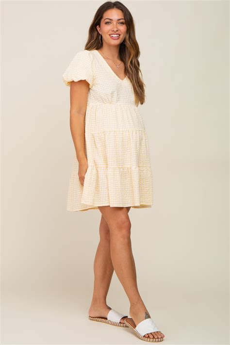 Yellow Gingham Puff Sleeve Tiered Maternity Dress Pinkblush