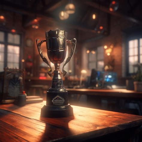 Premium Ai Image Champion Golden Trophy Placed On Wooden Table