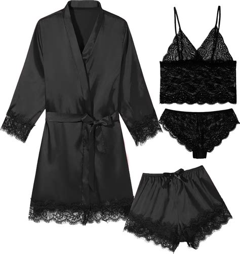 Qlvkyw Womens Lingeries Silk Pajamas Robes Set 4 Pcs Sexy Pjs Cami