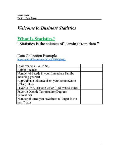 Unit Notes Data Basics Copy MSIT Unit Data Basics Welcome To Business Statistics