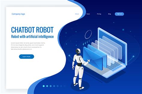 아이소메트릭 로봇 Chatbot 이메일에 가상 인터페이스를 사용 하는 인공 지능을 가진 남자 메시지 온라인 채팅 소셜 텍스트