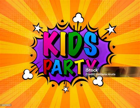 만화 스타일의 키즈 파티 존 배너입니다 햇살 배경입니다 재미와 놀이를 즐길 수 있는 곳 어린이 게임룸 어린이용 포스터 벡터 일러스트 레이 션입니다 0명에 대한 스톡 벡터