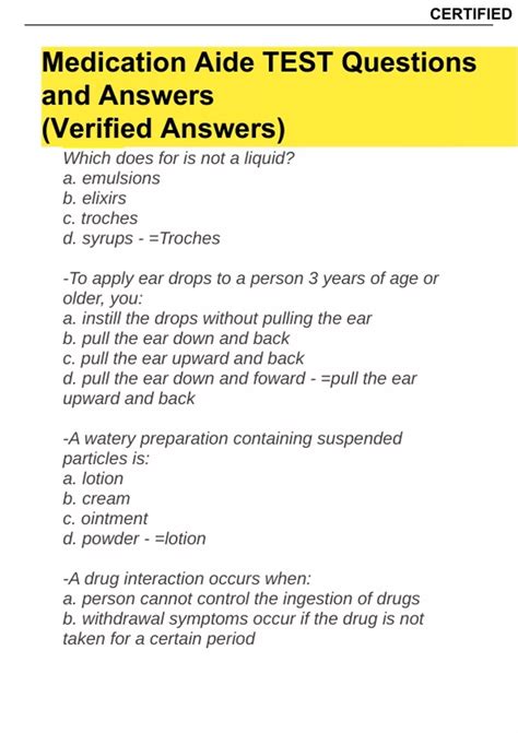 Medication Aide Test Questions And Answers 2023 2024 Verified Answers Graded A Med Aide
