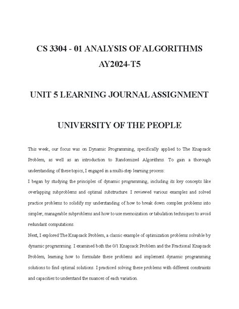 Cs 3304 Unit 5 Learning Journal Cs 3304 01 Analysis Of Algorithms
