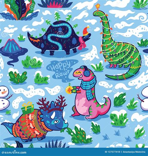 Seamless Pattern With Cute Funny Holiday Dinosaurs In Sweaters Hats
