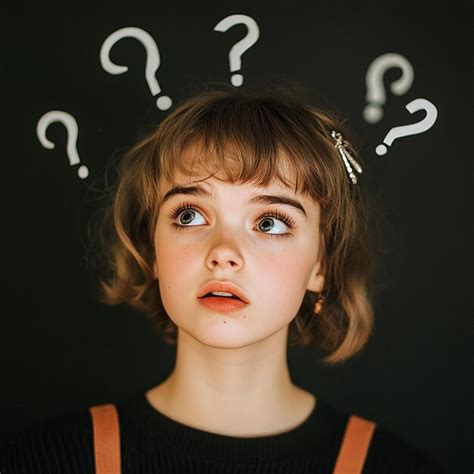 A Girl With A Hair Clip On Her Head Is Looking Up At A Question Mark