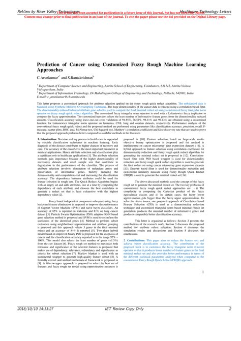 Pdf Prediction Of Cancer Using Customized Fuzzy Rough Machine