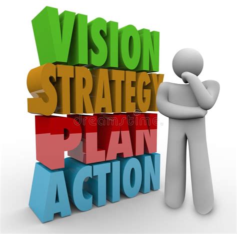 Vision Strategy Plan Action Thinker Beside 3d Words Stock Illustration