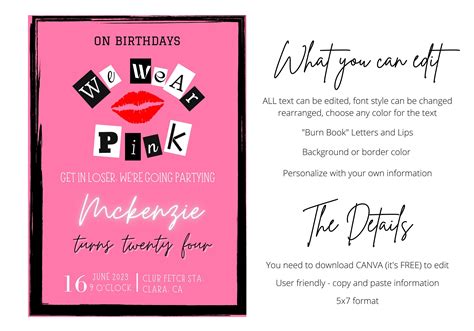 Invitación De Cumpleaños De Mean Girls Editable Descarga Digital