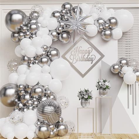 White And Silver Disco Ball Balloon Garland Arch Kit 135pcs Metallic