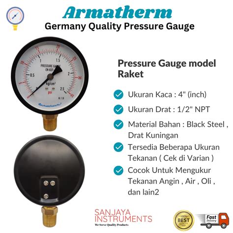 Jual Armatherm Pressure Gauge 4 Inch 6 10 16 25kg Drat 12 Manometer Besi Hitam Original