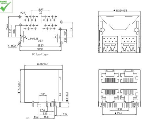 2 X 2 Multi Port Ethernet Stacked RJ45 Modular Jack For Transceiver Application