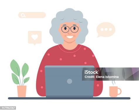 노트북으로 일하거나 공부하는 노인 여성 의사 소통 소셜 미디어 채팅 및 온라인 교육을 위해 컴퓨터 기술을 사용하는 노인 은퇴 한 사람들 가정 생활에 대한 스톡 벡터 아트 및