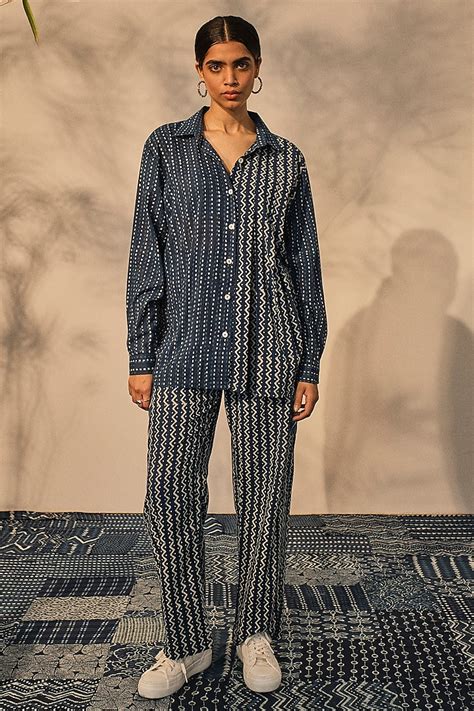 Blue Cotton Hand Block Printed Patchwork Co Ord Set By Akashi At Pernia