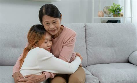 Mother Day Cute Asian Teen Girl Hugging Mature Middle Age Mum Love