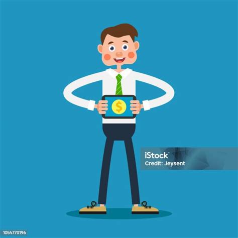 타블렛으로 남자입니다 젊은 남자는 그가 돈을 벌 수 있는 가젯 표시에 그의 손가락을 가리키는 의미 합니다 평면 스타일에서 그림입니다 격리 흰색 배경 공란에 대한 스톡 벡터