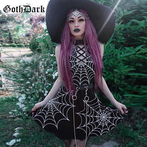 Goth Dark Aesthetic Grunge Gothic Print Dress Punk Patchwork Hollow Out