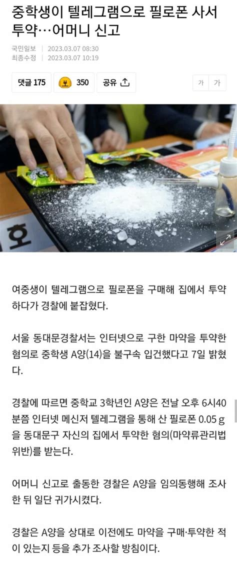 중학생 필로폰 투약 체포 오픈이슈갤러리 인벤
