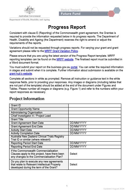 Medical Research Future Fund Progress Report Template Business Grants Hub Administered Grants