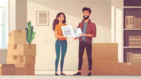 Couple Holding Documents And Smiling In New Home Or Office With Moving Boxes Stock Illustration