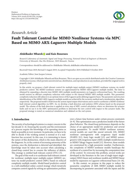 Pdf Fault Tolerant Control For Mimo Nonlinear Systems Via Mpc Based