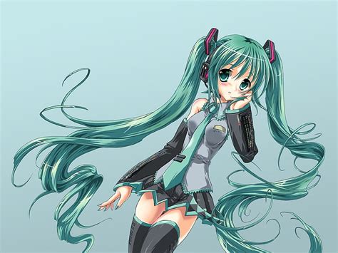 背景、 青、 デタッチ、 目、 髪、 初音、 ミク、 シンプル、 袖、 ネクタイ、 ツインテール、 ボーカロイド、 Hdデスクトップの壁紙