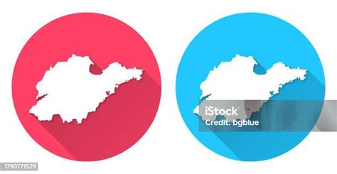 Carte Du Shandong Icône Ronde Avec Une Longue Ombre Sur Fond Rouge Ou
