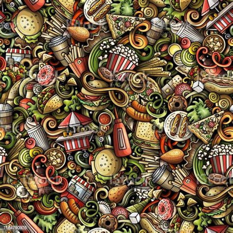 패스트 푸드 손으로 그린 낙서 원활한 패턴 패스트푸드 배경 햄버거 류에 대한 스톡 벡터 아트 및 기타 이미지 햄버거 류 건강에 좋지 않은 음식 연속무늬 Istock