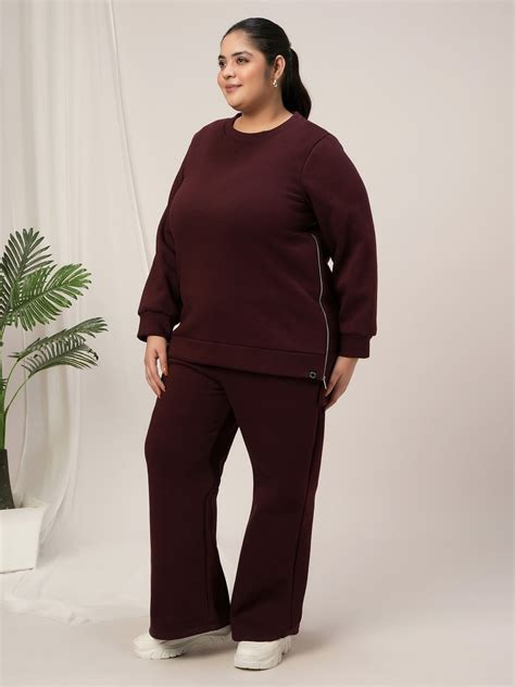 Women Plus Size Maroon Fleece Winter Co Ord Set