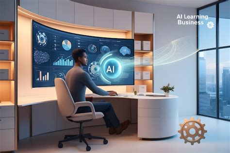 Modern Workspace With Man Analyzing Data On Curved Monitor Ai Integration Highlighted With