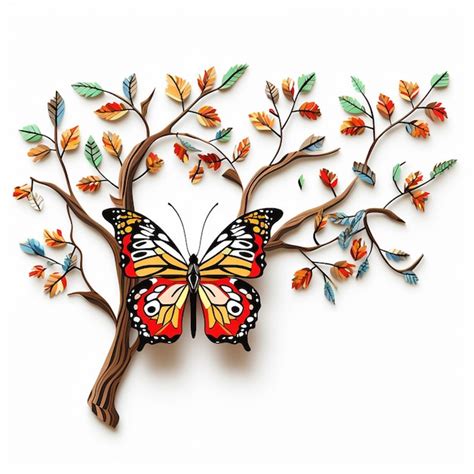 Premium Vector A Butterfly Is On A Tree Branch With Leaves And A Butterfly