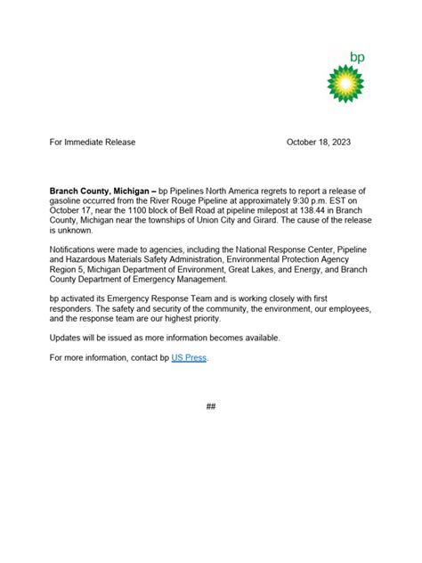 Bp Statement River Rouge Pipeline Release Pdf